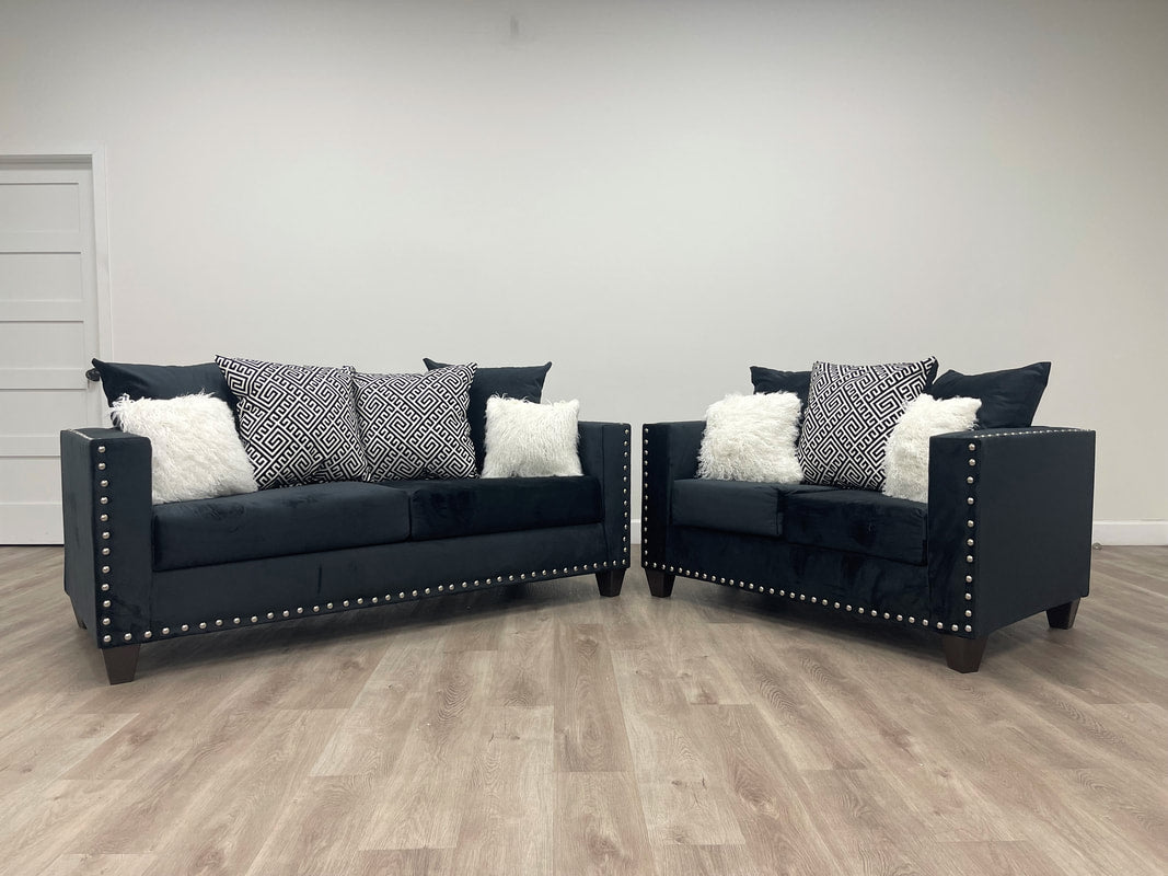 TWO-TEN VELVET NAILHEAD 2 PC SOFA & LOVESEAT SET IN BLACK VELVET BY HH ...